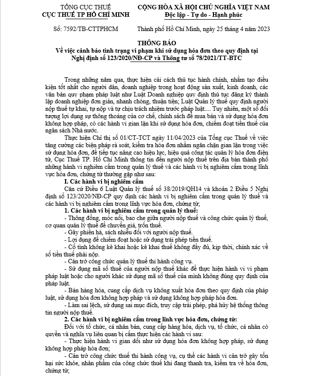 TỔNG CỤC THUẾ CỤC THUẾ TP HỒ CHÍ MINH Số: 7592/TB-CTTPHCM