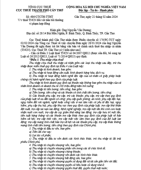 TỔNG CỤC THUẾ CỤC THUẾ THÀNH PHỐ CẦN THƠ Số: 686/CTCTH-TTHT V/v thuế ...